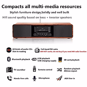 KEiiD CD Player for Home with Bluetooth Stereo System Wooden Desktop Speakers FM Radio USB SD AUX Remote Control, 28 Inch Long 20 Pounds Weight