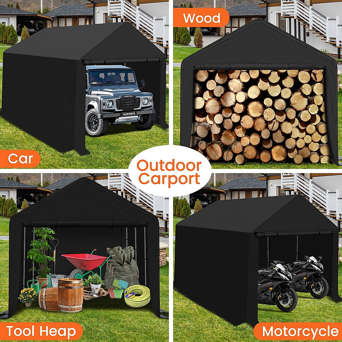 Outdoor Carport Canopy，8x14 ft Heavy Duty Canopy Shed,Metal Frame Storage She with Waterproof, UV Resistant Cover, 2 Rollup Zipper Doors for Backyard, Garden can Store Motorcycle, Garden Tools