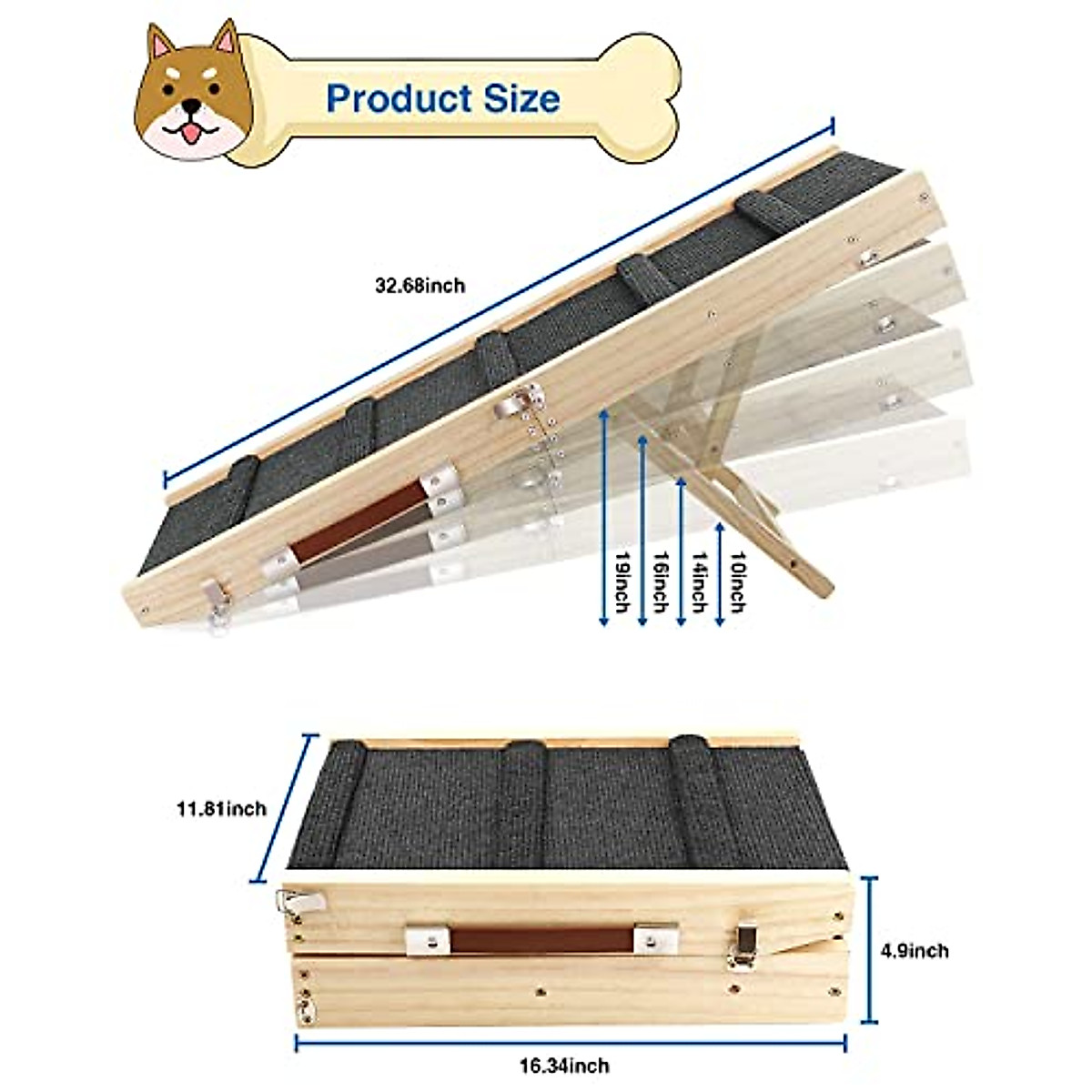 TNELTUEB Adjustable Dog Ramp, Wooden Folding Portable Pet Ramp,Rated for 30 LBS, 32.6" Long and Adjustable from 10" to 19" with Non-Slip Traction Mat, Dog Step for Bed, Couch,Car (Grey)