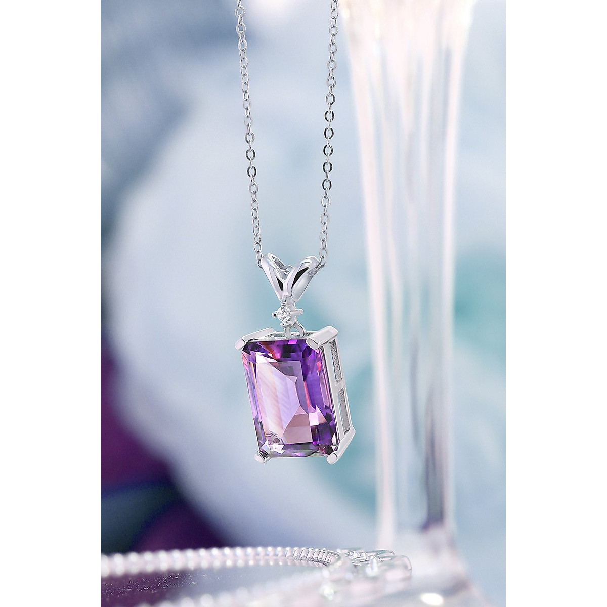 Gem Stone King 925 Sterling Silver Purple Amethyst and White Diamond Pendant Necklace For Women (6.27 Cttw, Gemstone Birthstone, Emerald Cut 14X10MM, With 18 Inch Silver Chain)