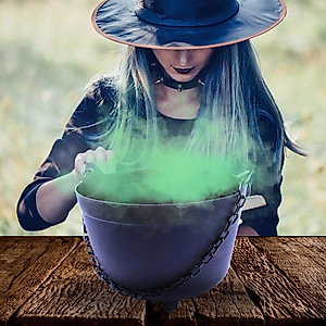 Witches Bubbling Large 12" Black Cauldron with Spooky Mystic Green Fogger (w/Color Options)- Great for Halloween Decor, Parties, Trick or Treat Candy Bucket - Kettle Includes Chain Handle