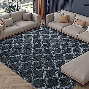 HOMBYS 8x10 Fluffy Area Rug for Living Room Bedroom, Super Soft Geometric Modern Plush Large Play Carpet for Kids, Non-Skid Luxury Fuzzy Décor Shag Feet Mat for Bedside, Grey