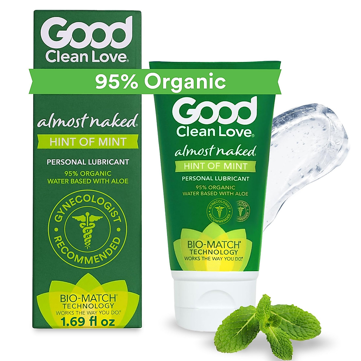 Good Clean Love Almost Naked Hint of Mint Water-Based Lube, Personal Lubricant with Organic Aloe Vera, Safe for Adult Toys & Condoms, pH-Balanced, Intimate Wellness Gel for Men & Women, 1.69 Oz