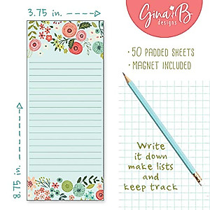 Set of 2- Teal/Coral Flowers List Pad, Notepad, Shopping List with Attachable Magnet