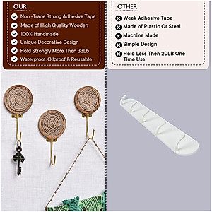 Indian Shelf 3 Piece Wood Boho Wall Hooks for Hanging Coats, Bags, Backpack Decorative Key Holder Unique Coat Rack Wall Mounted Natural Brown Rattan Key Hooks