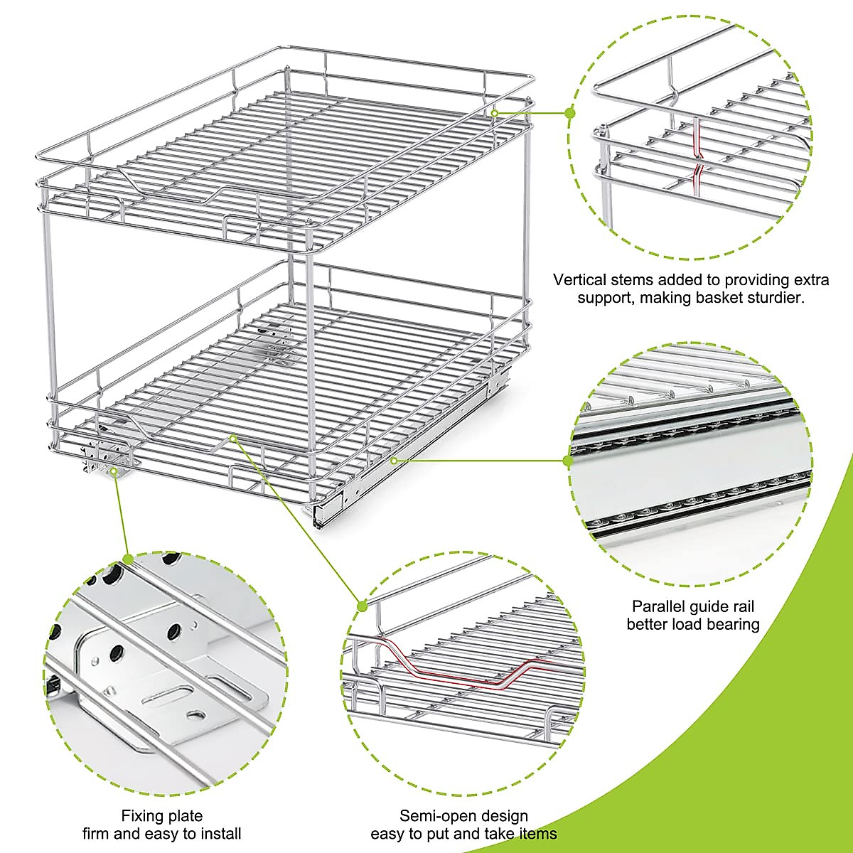 BONADOM 2 Tier Pull Out Cabinet Organizer(21''Dx14''W) Heavy Duty Slide Out Drawers for Kitchen Cabinets Storage Kitchen Roll Out Shelf Storage for Pots, Pans Cabinet Drawers Slide Out