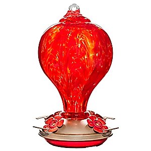 LaElvish Garden Hummingbird Feeders for Outdoors Hanging, 32OZ Hand Blown Glass Hummingbird Feeder for Outside, 4 Perch Ant Moat Leakproof, Garden Decor, Backyard Bird Gifts for Mom (Red Lily)
