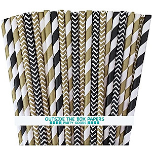 Outside the Box Papers Black and Gold Chevron and Striped Paper Straws 7.75 Inches 100 Pack Black, Gold, White