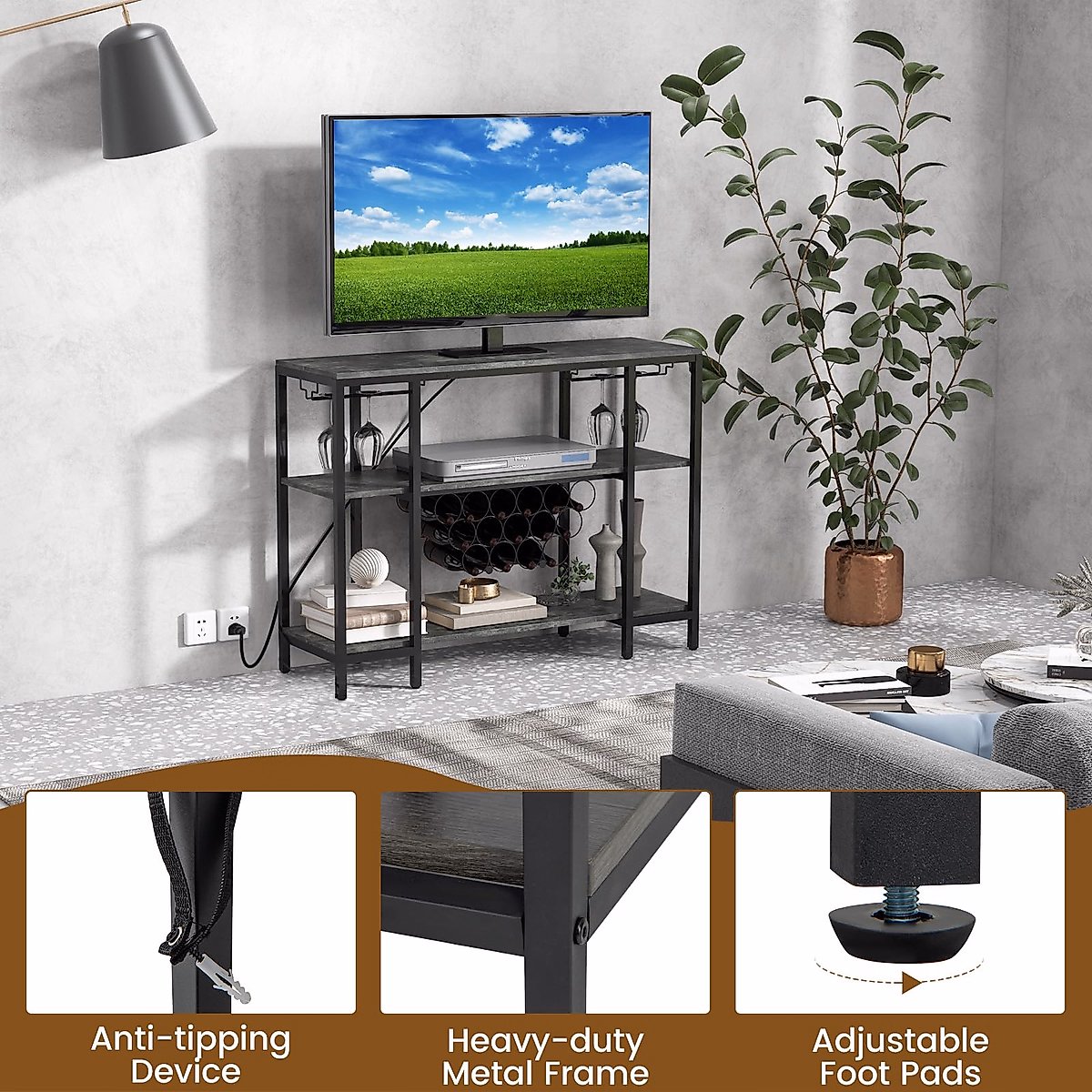 COSTWAY Wine Bar Cabinet, 3-Tier Home Mini Bar for Liquor w/Power Outlets, Glass Holder, Wine Rack, Anti-Tipping Kit, Metal Coffee Bar Table for Home Apartment Kitchen Living Room Pub (Black & Grey)