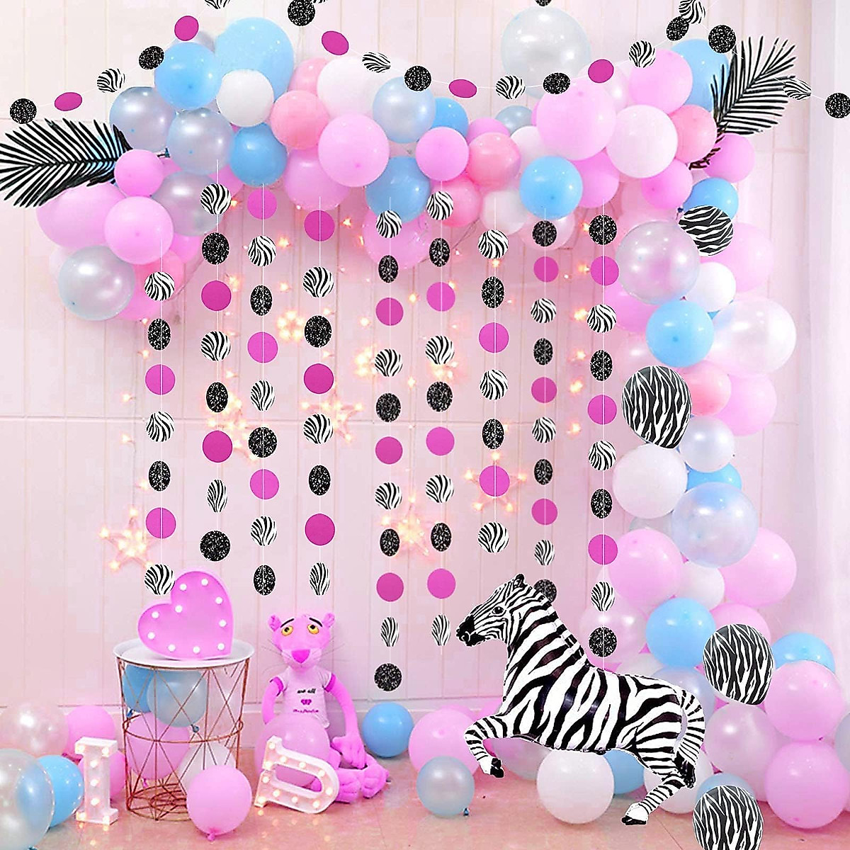 Cheerland Zebra Stripe Glitter Black Rose Red Circle Garland Summer Hanging Decoration Jungle Banner Wildlife Backdrop Safari Decor for Bday/Birthday Sweet 16 and African Animal Themed Party (circle)