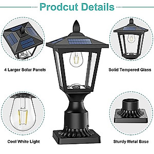 Solar Post Lights, 6000K Dusk to Dawn Solar Lamp Post Light with Pier Mount Base, Solar Post Lights Outdoor Waterproof for Garden Yard Landscape Pole Pillar, Outside Decorative Lamp(Cool White)