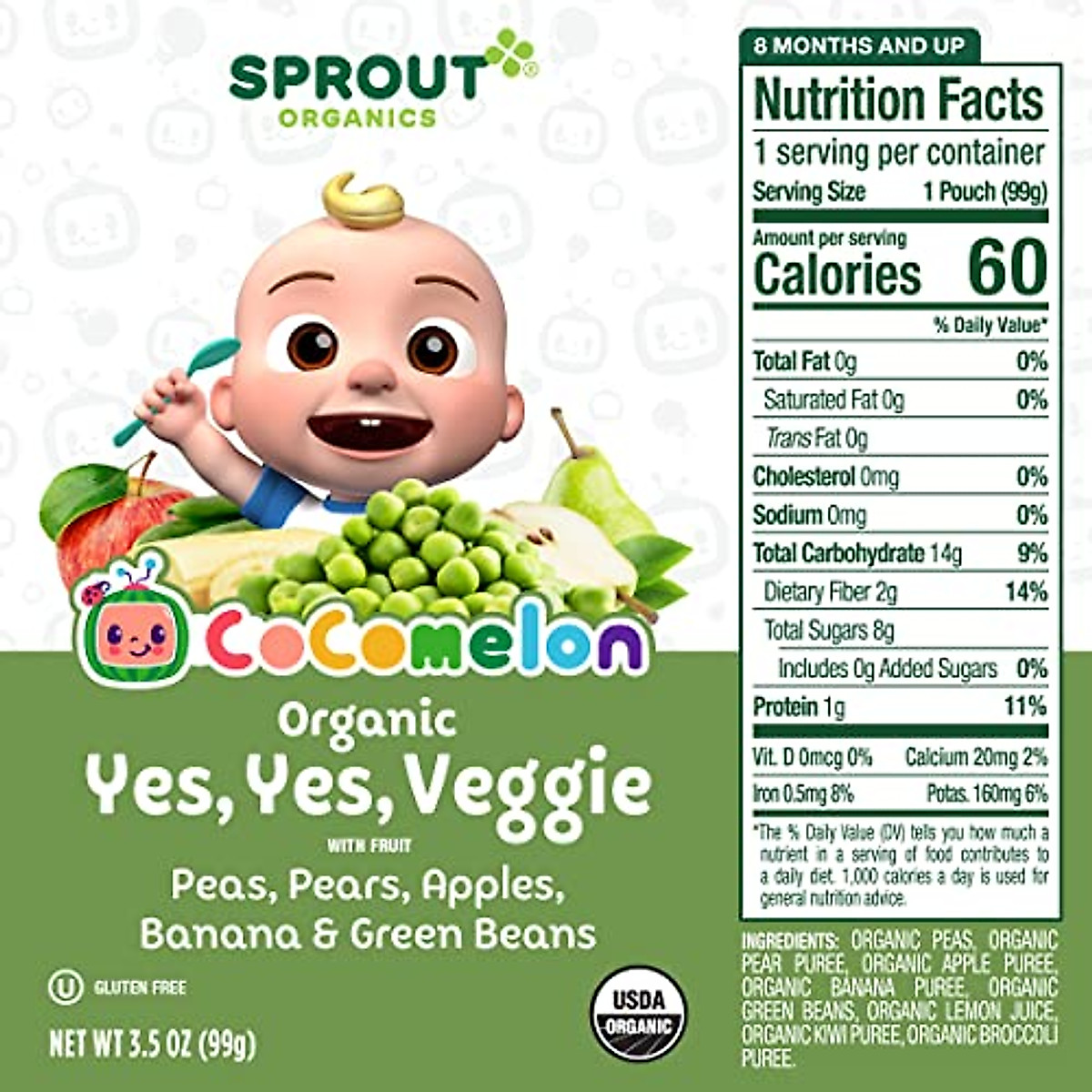 CoComelon Sprout Organic Baby Food, Toddler Pouches, Yes, Yes, Veggie, Fruits, Grains, 3.5 Oz(Pack of 12)