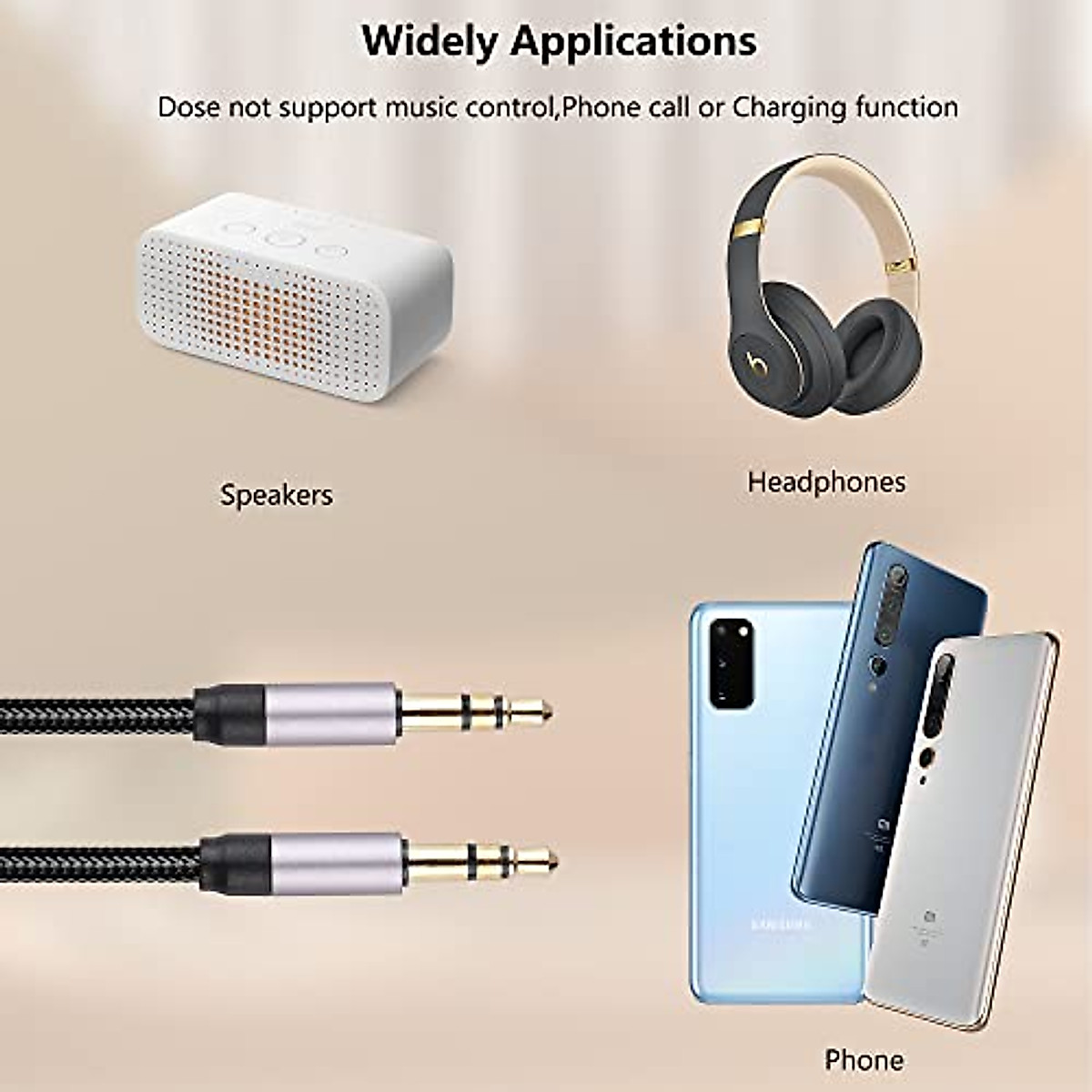 VAKS 3.5mm AUX Cable (6.6 ft / 2m, Hi-Fi Sound), Nylon Braided Audio Auxiliary Stereo Adapter Male to Male AUX Cord for iPhone/Headphones/Home/Car Stereos/Smartphones/Tablets, Grey