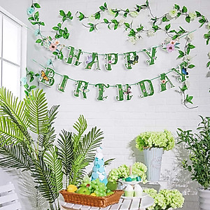 SUNBEAUTY Spring Happy Birthday Banner Green Spring Butterfly Flowers Banner Summer Spring Butterfly Birthday Party Decorations | Pre-Strung