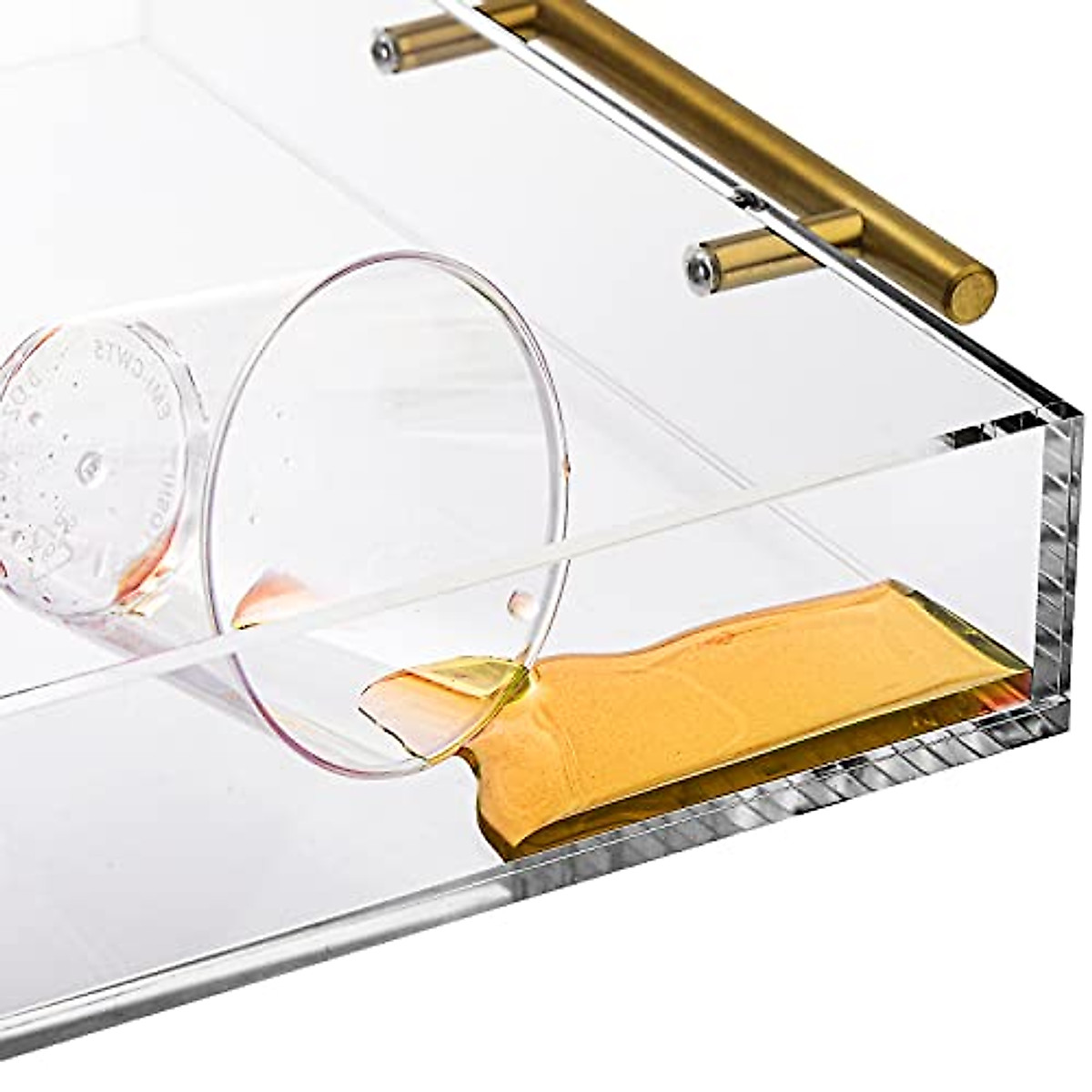 Lyellfe Acrylic Serving Tray with Gold Handles, 14 x 11 Inch Lucite Tray for Coffee Table, Spill-Proof Clear Food Serving Tray for Breakfast, Coffee, Cosmetic or Magazine