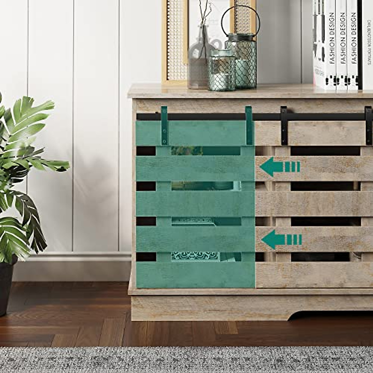 YITAHOME Bar Cabinet, 60“ Farmhouse Sliding Barn Door Cabinet Sideboard Buffet Cabinet with Capacity 300 lbs for Home Kitchen Dinning Living Room, Grey Wash