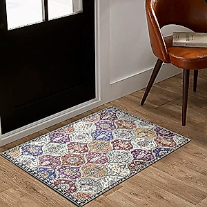 Beeiva Entryway Throw Small Rug Non Slip Rug, Moroccan Floral 2X3 Doorway Bathroom Washable Rug Floor Carpet for Doorway, Vintage Distressed Non-Shedding Kitchen Rug for Bedroom Entryway