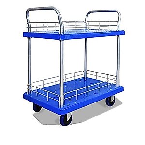Portable Folding Handcart Double-Layer Trolley Three-Layer Flatbed Double Handrail with Guardrail Large Trolley Bearing Capacity About 600 Kg Multi Function Folding Handcart