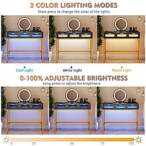 Gurexl 3 in 1 Vanity Desk with 3 Drawers, Modern Makeup Vanity Dressing Table with 3 Color Lighting Modes, Home Office Laptop Writing Desk with Gold Metal Frame (Black)