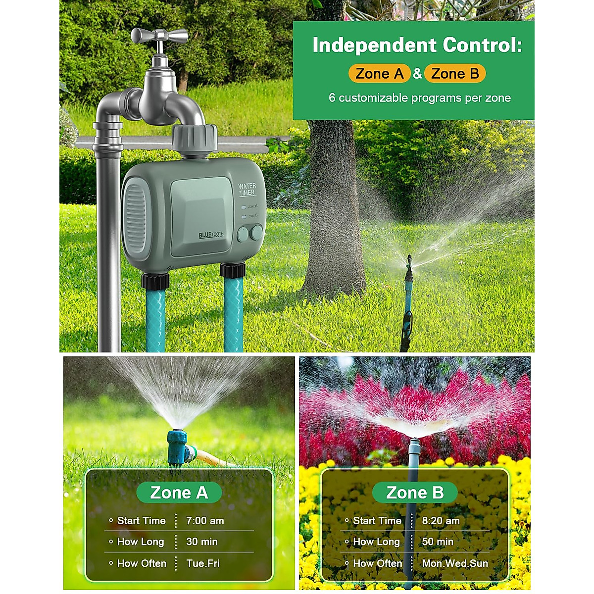 Zefinot WiFi Water Timer for Garden Hose - 2 Zone Hose Timers for Watering, 2 Watering Patterns, Smart Sprinkler Timer System, Irrigation Timer Compatible with Alexa and Google