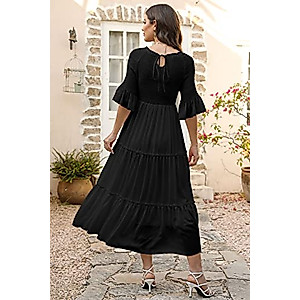 LILLUSORY Women's Black Funeral Dress 2023 Summer Trendy Casual Smocked Long Ruffle Tiered Flowy Midi Maxi Boho Dresses with Sleeves Black