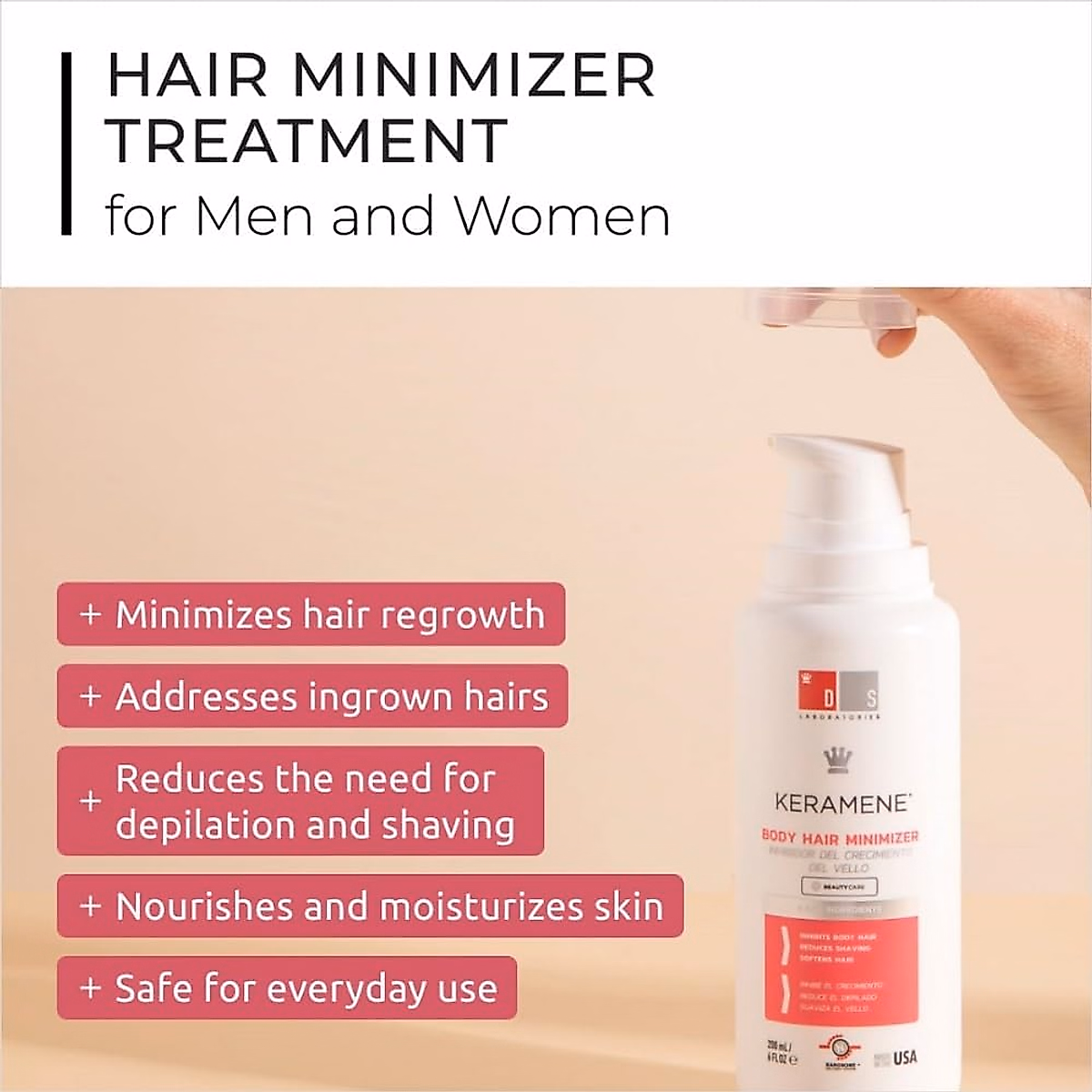Keramene Hair Growth Inhibitor by DS Laboratories - Minimize Unwanted Hair Growth on Face and Body, Slows Regrowth, Paraben-Free
