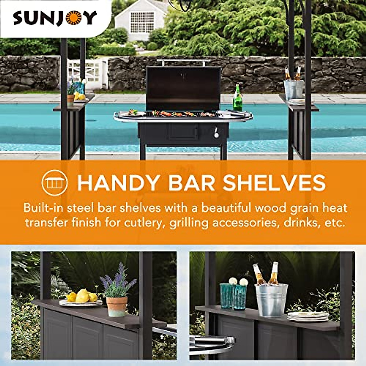 Sunjoy Grill Gazebo 5 ft. x 8 ft. Brown Steel Frame Double Tiered Hardtop Gazebo with Ceiling Hook and Shelves