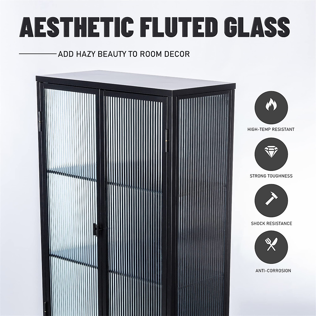 Retro Style Fluted Glass Storage Cabinet,Corner Cabinet Sideboard for Dining Room Entryway (Black)