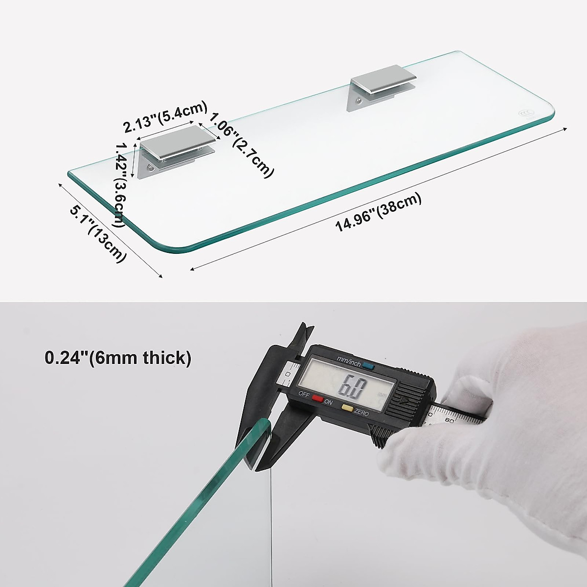 Koilria Glass Shelves, Glass Shower Shelves for Bathroom Tempered Glass Floating Shelves for Wall with Aluminum Brackets, 2 Tiers, 15 x 5 Inches, Drill or No Drill Install