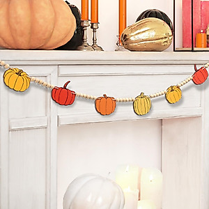 AKEROCK Fall Thanksgiving Garland for Mantle, Farmhouse Wood Pumpkin and Bead Thanksgiving Banner for Home Fireplace Mantel Decor - Pumpkin Garland Thanksgiving Decorations Indoor