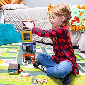Friendly Farm Match 'n Stack Nesting Blocks | 5 Barnyard Pals & Stackable Home Boxes | Wooden Animals Fit into Colorful Cube Shapes | Includes Chicken, Cow, Pig, Horse, and Rabbit | Classic Kids Toy
