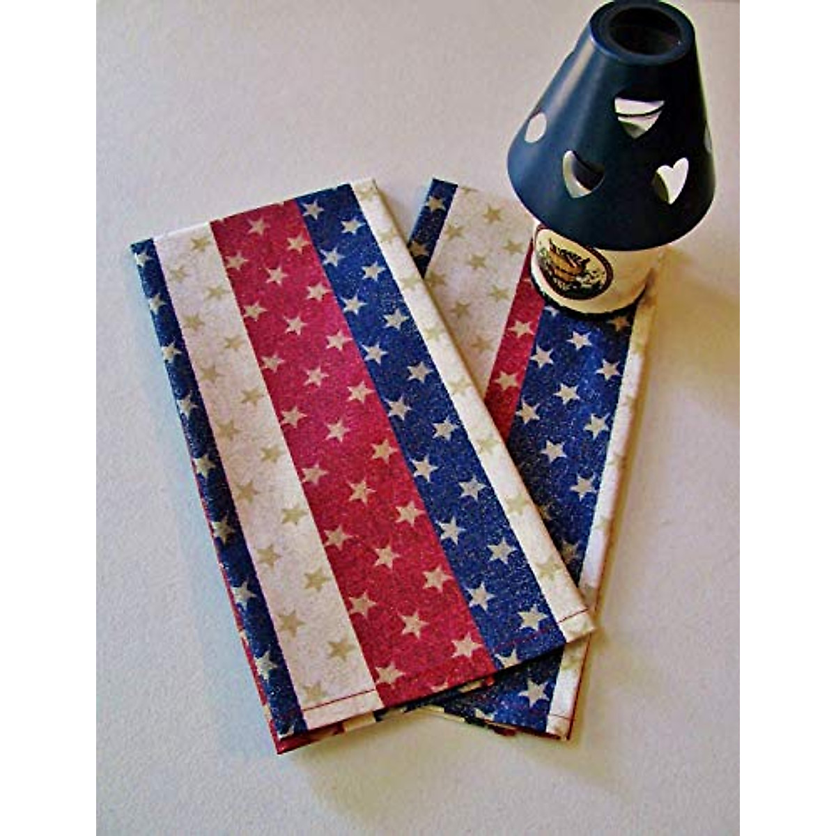 Stars & Stripes Patriotic Kitchen Linens Set (5 Pieces Total) 2 Tea Towels 2 Pot Holders 1 Hotpad Made In USA Patriotic Red Off-White Blue Stars Glitter 100% Cotton Custom Made-To-Order