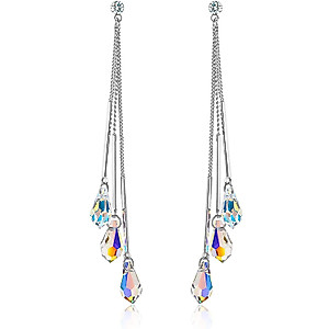 Savlano 14k White Gold Plated Aurora Borealis Drop Tear Cut Austrian Rainbow Multicolor Crystal Tear Drop Cut Stud Dangle Earrings For Women