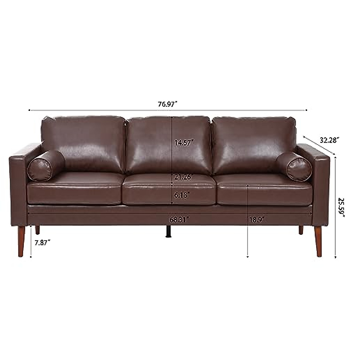 Pabby Yard PU Leather Sectional Sofa 3 Seat Comfy Couches Soft Cushion Sofa with Wooden Legs and 2 Pillows, Mid-Century Modern Sofa Classic Small Spaces Couches Living Room Furniture, Brown