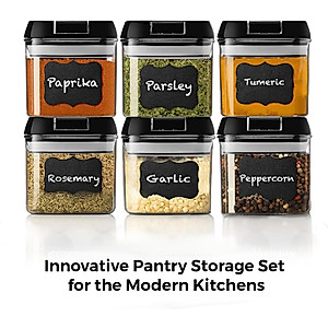 Shazo Airtight 6 Pc Mini Container Set + 6 Spoons, Labels & Marker - Durable Clear Plastic Food Storage Containers with Lids - Kitchen Cabinet Pantry Containers for Spices, Herbs, Coffee, Tea etc