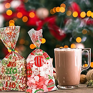 Colorbib Christmas Cellophane Bags 170pcs with 180pcs Treat Bags with Twist Ties Gnome and Christmas Ball Pattern Snack Bags for Christmas Party Supplies Candy Goodie 10 Assorted Styles
