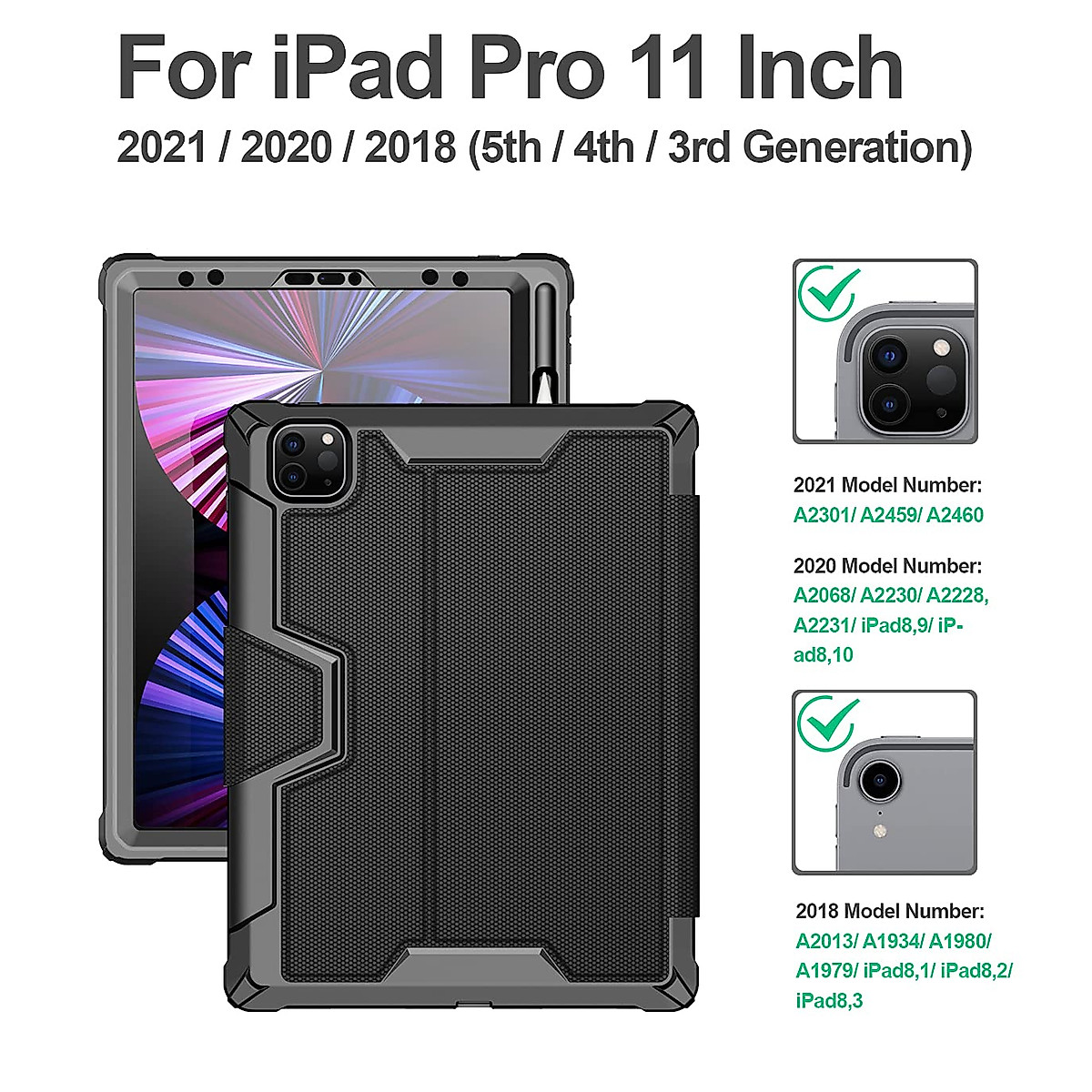 Poetic Explorer Case Designed for iPad Pro 11 Inch 4th Gen 2022/3rd Gen 2021/2nd Gen 2020/1st Gen 2018, Three Layers Tough Stand Cover Case with Built-in Screen Protector and Pencil Holder, Black