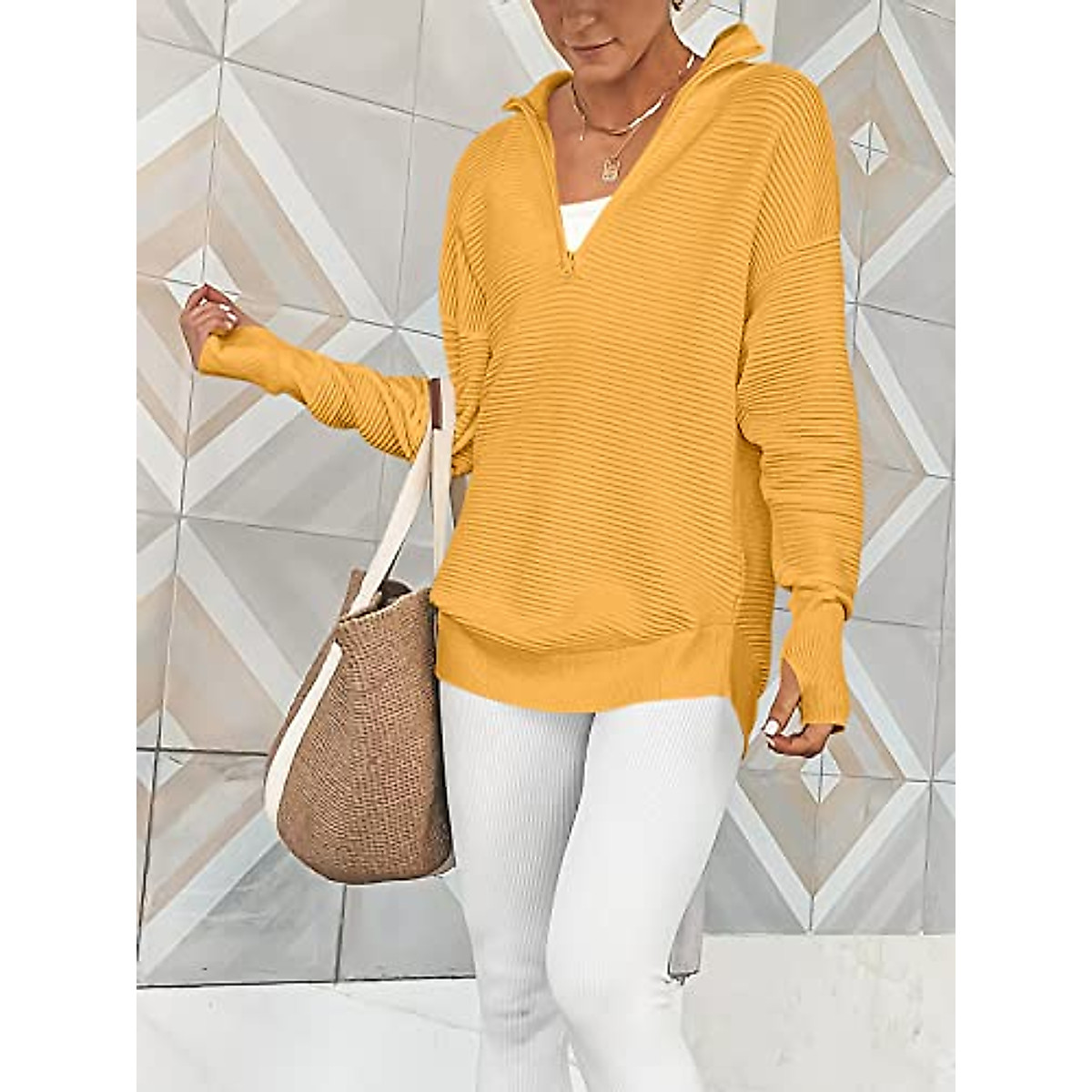 ANRABESS Women's 2025 Fall Long Sleeve Half Zip Casual Oversized Ribbed Knit Pullover Sweater Top Thumb Hole Trendy Outfits Yellow X-Large