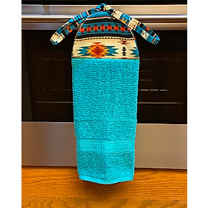Southwest Black Teal Red Orange on Cream Ties On Stays Put Kitchen Hanging Loop Hand Dish Towel