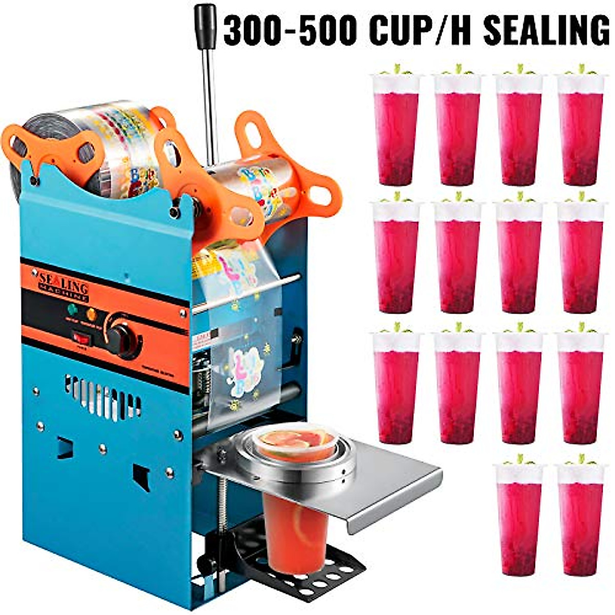 VEVOR Manual Tea Cup Sealer Machine, 300-500 Cup/h Manual Boba Tea Sealer Machine, Blue Boba Tea Sealing Machine, 90/95mm Cup Diameter Cup Sealing Mac