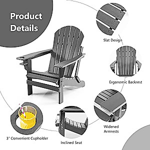 Giantex Folding Adirondack Chair, HDPE Patio Chairs Fire Pit Lounge Chair W/Retractable Ottoman & Cup Holder, Weatherproof Outdoor Adirondack Chairs for Porch, Garden, Backyard (2, Gray)
