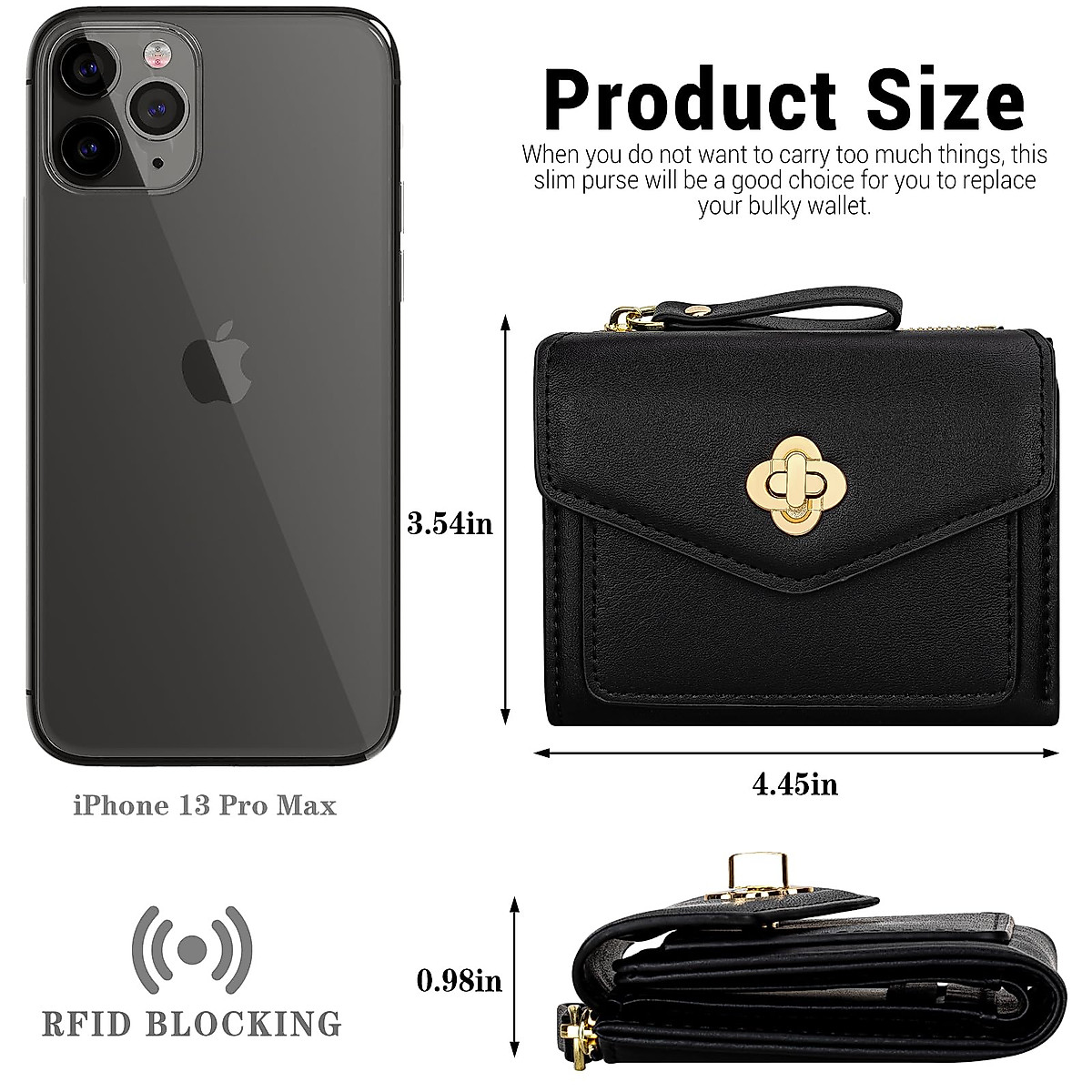 BIAOTIE Small Wallet for Women Leather Bifold Pocket Wallet RFID Blocking Credit Card Holder Cute Purse with Zipper Coin Pocket (Black)