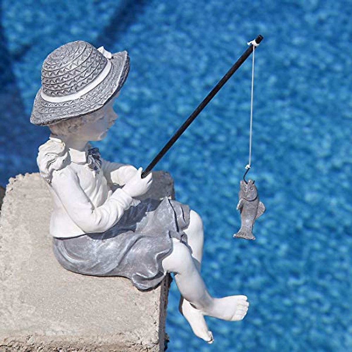 Lily's Home Fishing Little Girl Garden Statue Sitting Outdoor Yard Figurine 11 Inch