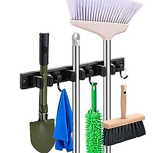 YA MI Mop holder, broom holder, stainless steel wall hanging tool storage device with 3 hooks in 3 positions, suitable for home bathrooms, kitchens, and gardens