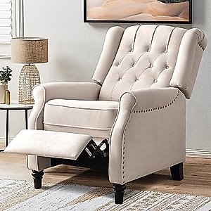 Bonzy Home Push Back Recliner Chair, Mid Century Modern Wingback Chair, Comfy Armchair Fabric Living Room Chairs with Rivet Decoration, Button-Tufted Back, Solid Wood Legs, Beige