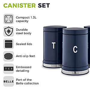 Tower T826171MNB Belle Set of 3 Canisters, Tea/Coffee/Sugar Storage, Midnight Blue