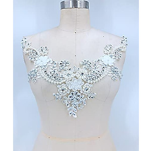 wtbv.n Handmade Crystal Peal Patches Sequins Rhinestones Ivory lace Trim Applique 38 * 28cm for Dress Skirt