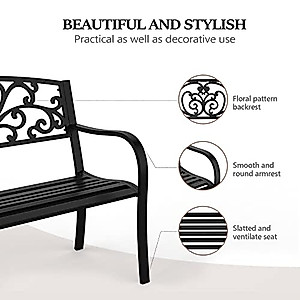 VINGLI 50" Patio Park Garden Bench Outdoor Metal Benches,Cast Iron Steel Frame Chair Front Porch Path Yard Lawn Decor Deck Furniture for 2-3 Person Seat
