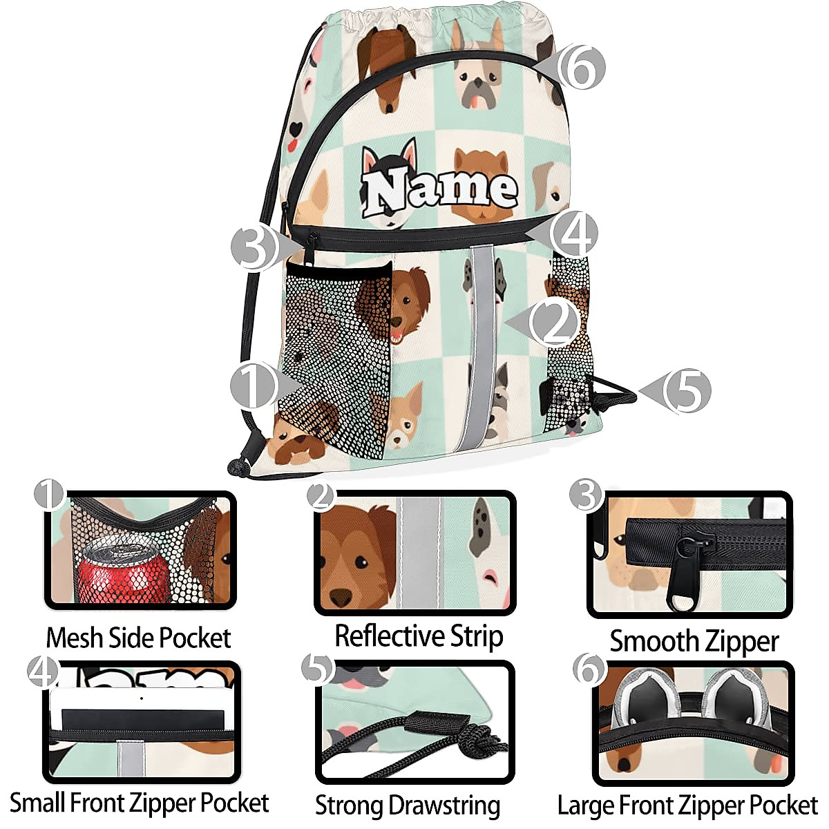 Herdesigns Animal Dog Puppy Custom Drawstring Backpack Dog Pattern Personalized Dance Bags Lightweight Backpacks for Men Women Adults Birthday Gifts Mini Gym Sports Beach Swim Travel Drawstring Bag