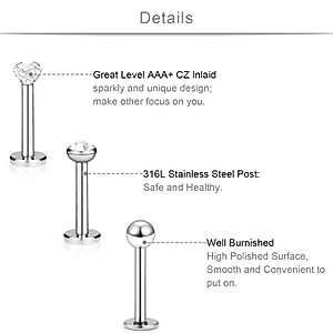 SCERRING 18PCS 16g Stainless Steel Clear Cubic Zirconia Labret Monroe Lip Tragus Cartilage Helix Earring Ring Body Piercing Jewelry 10mm - Silver